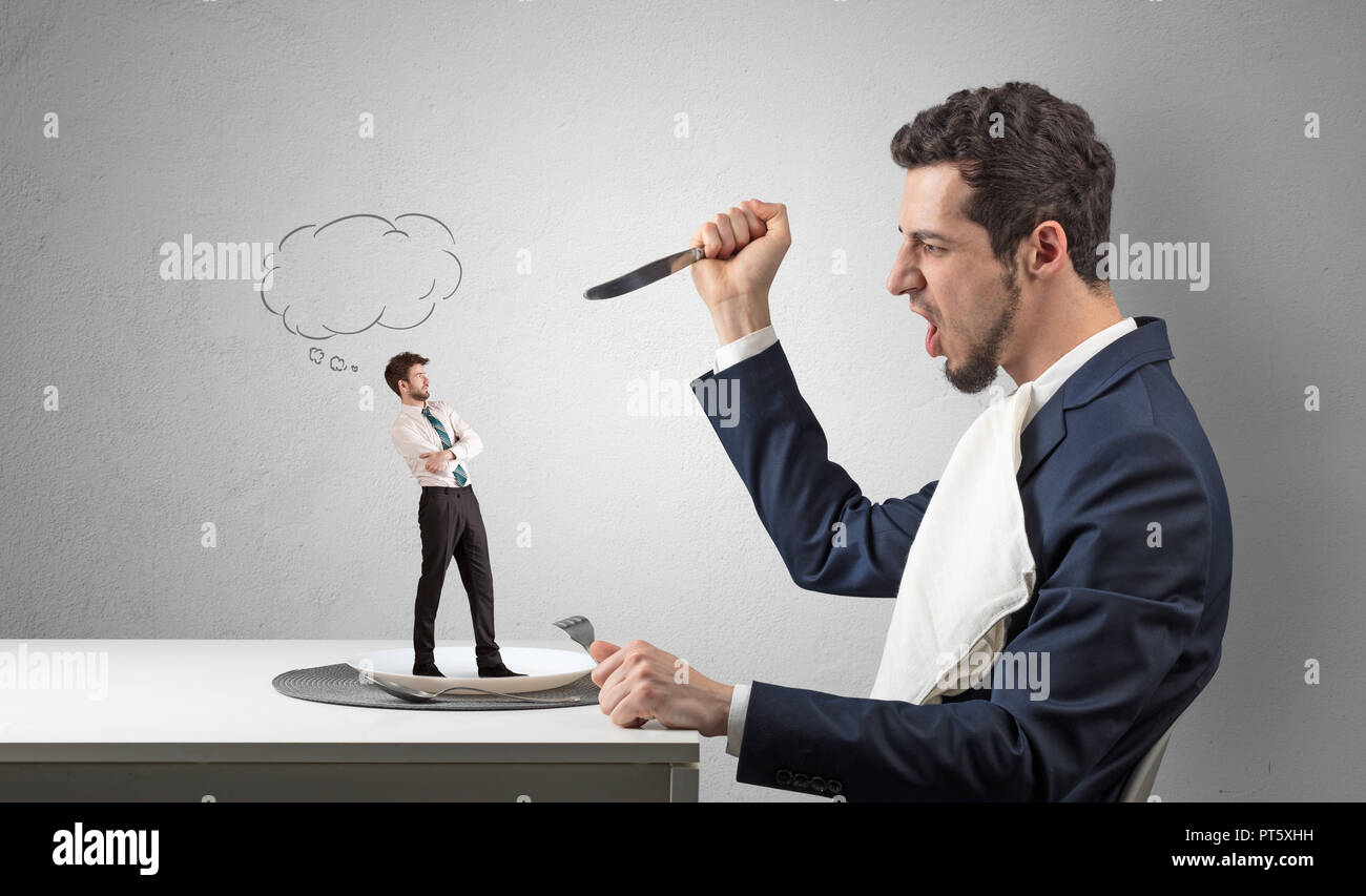 Big businessman want to eat small man with cloud messages above his ...