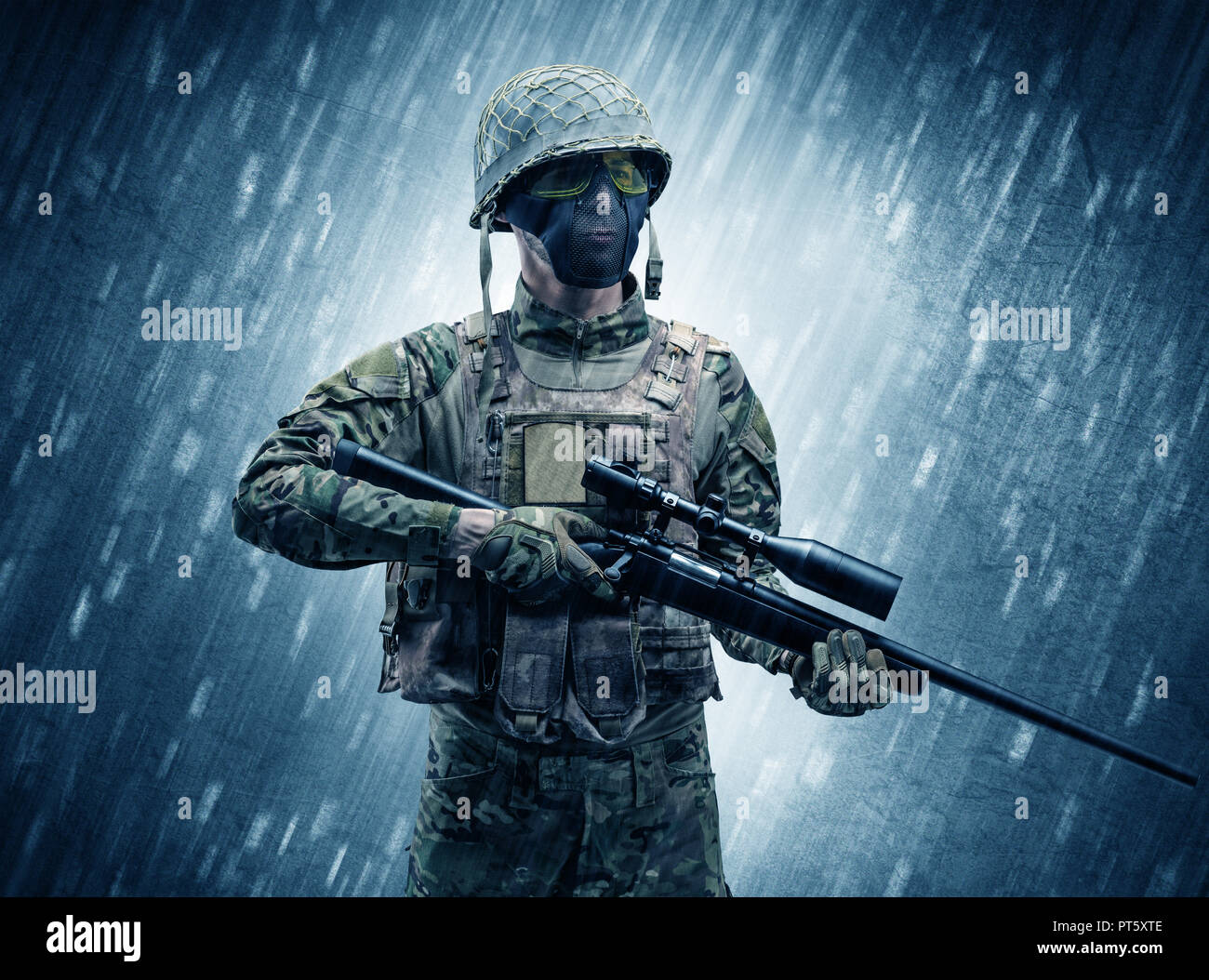 Armed soldier standing in rainy weather concept Stock Photo - Alamy