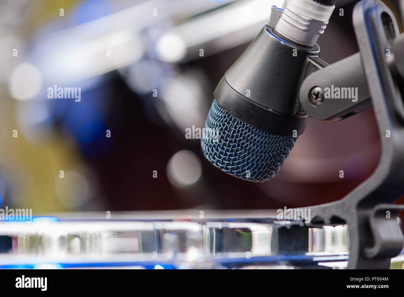 MIke and drums at concert for good sound. Music instruments sound ...