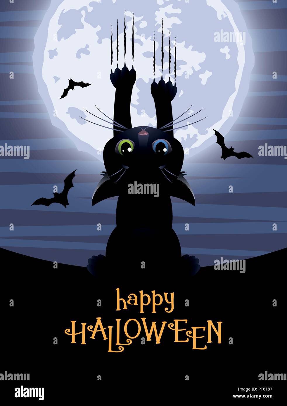 Happy Halloween. Cute black cat scratching the full moon. Vector ...