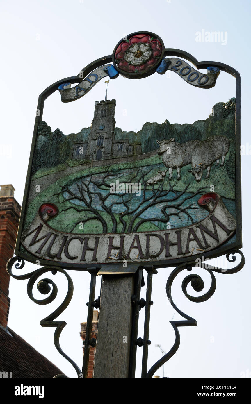 Village Sign, Much Hadham, Hertfordshire. It bears the date AD 2000, a ...