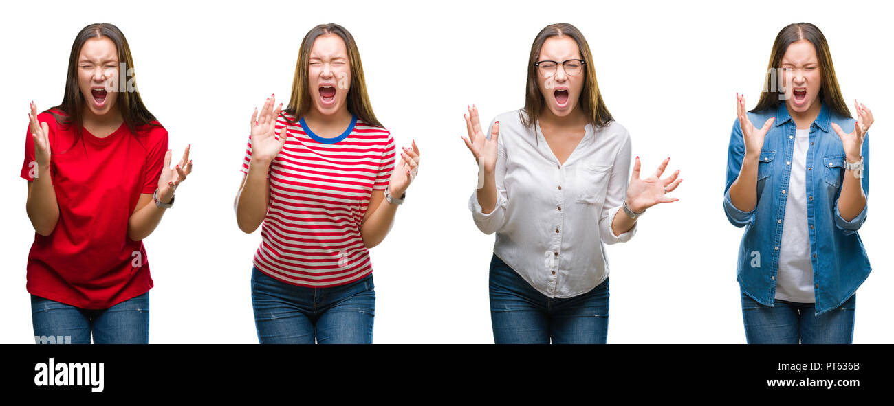 Collage of young beautiful girl over white isolated background crazy ...