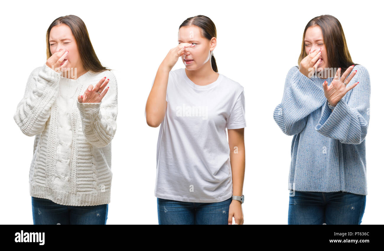 Collage of young beautiful girl wearing winter sweater over white ...