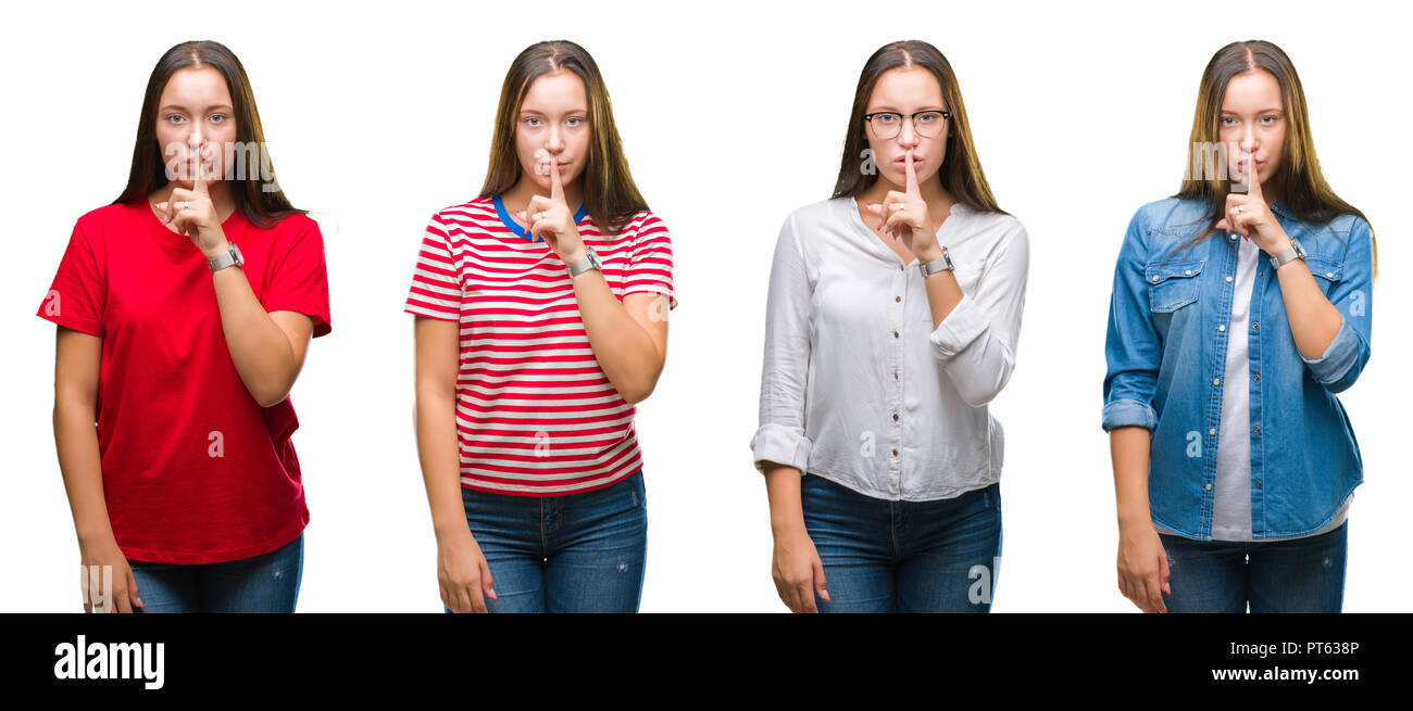 Collage of young beautiful girl over white isolated background asking ...