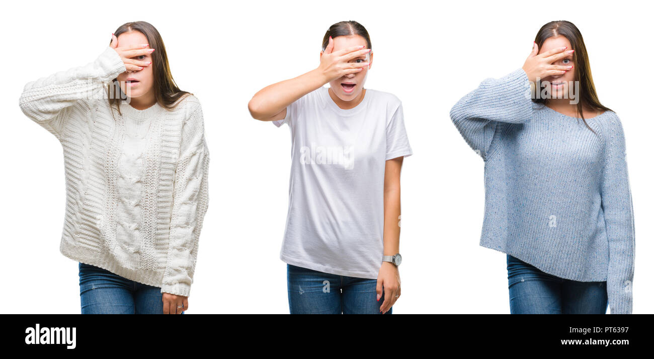 Collage of young beautiful girl wearing winter sweater over white ...