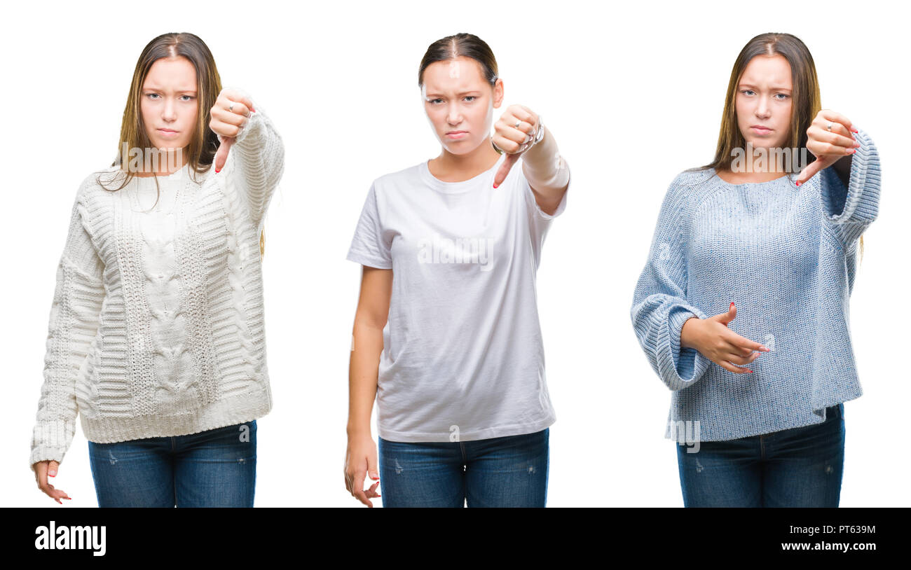 Collage of young beautiful girl wearing winter sweater over white ...
