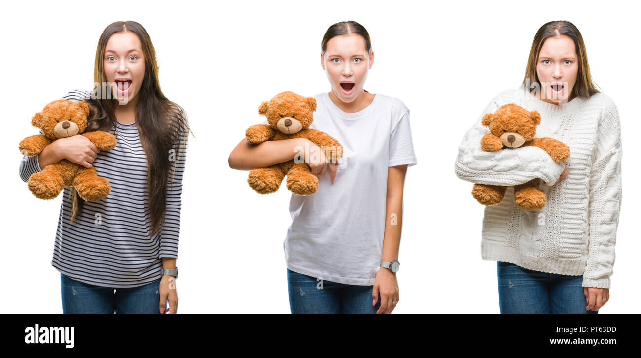 Collage of young girl holding teddy bear over white isolated background ...