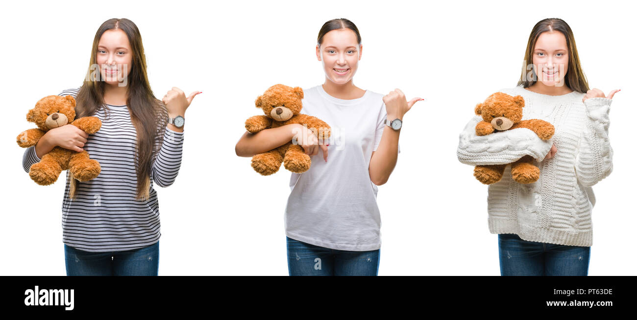 Collage of young girl holding teddy bear over white isolated background ...