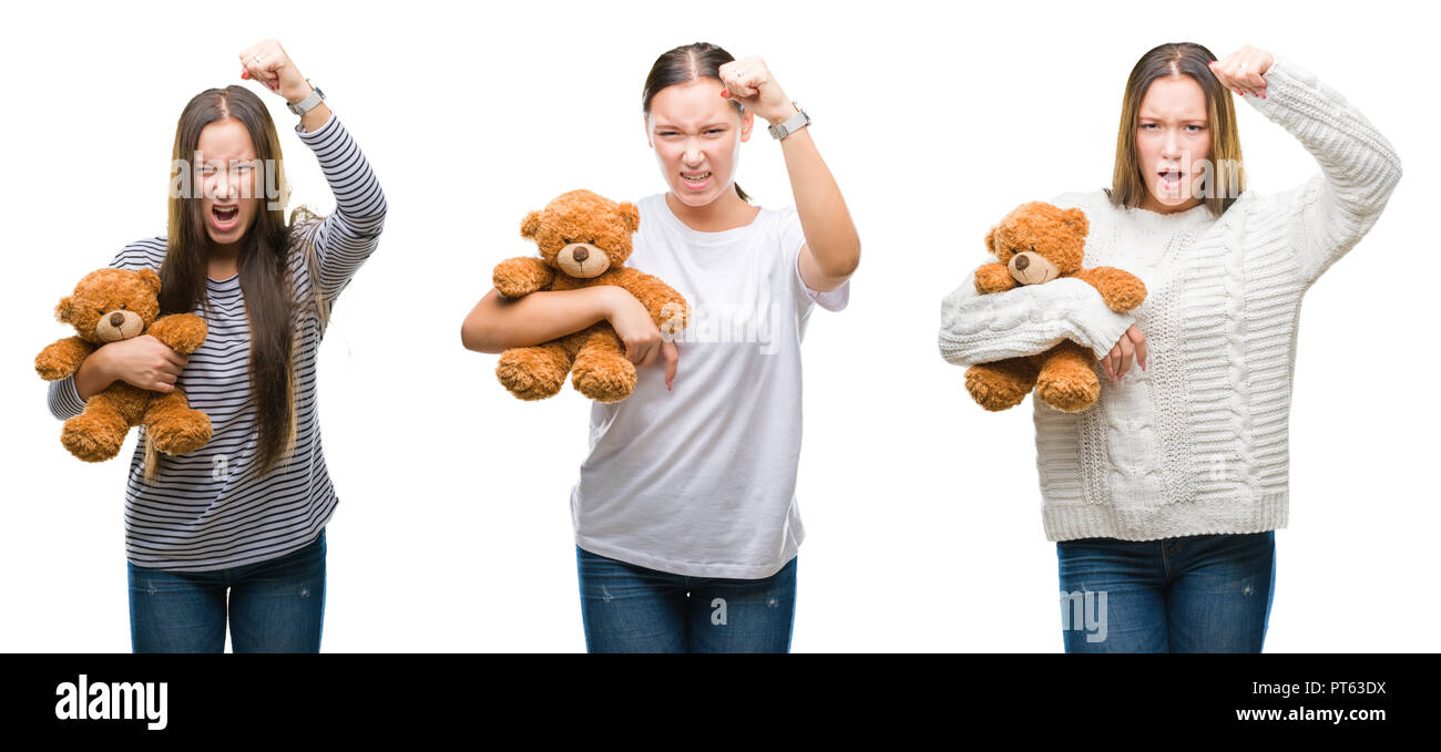 Collage of young girl holding teddy bear over white isolated background ...