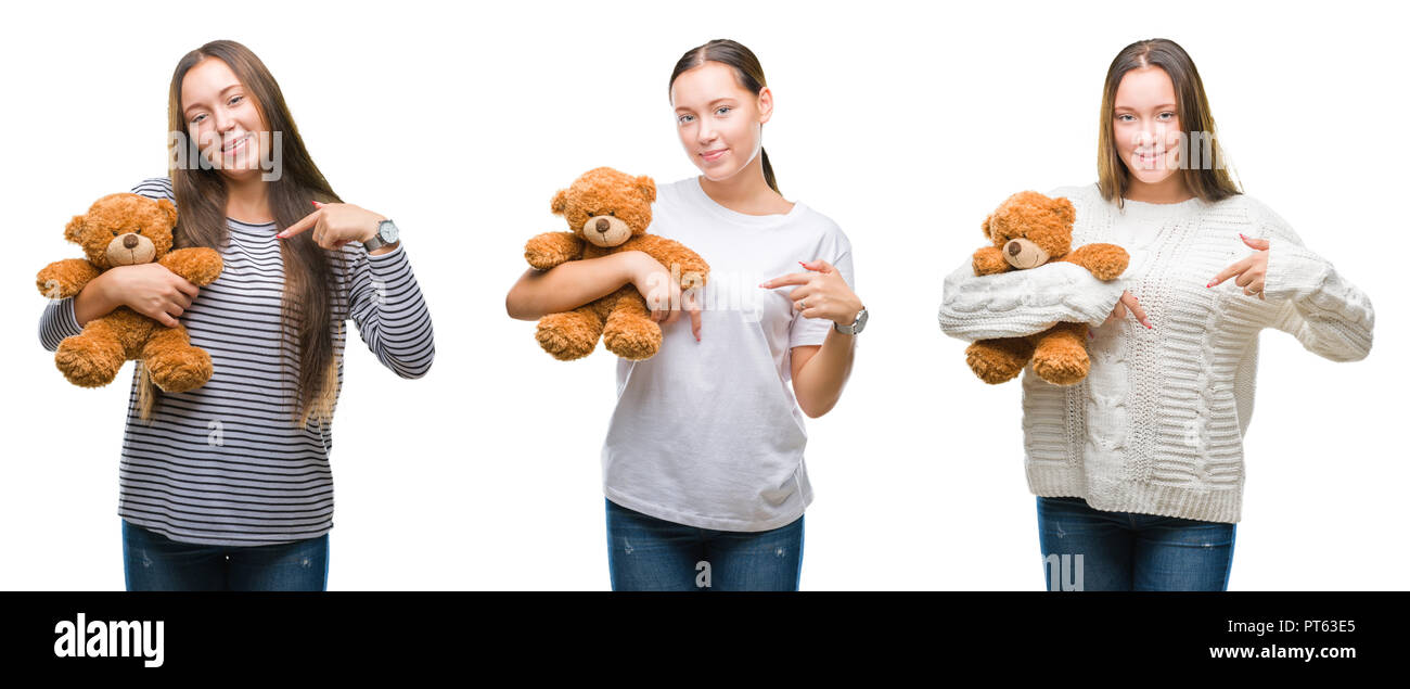 Collage of young girl holding teddy bear over white isolated background ...