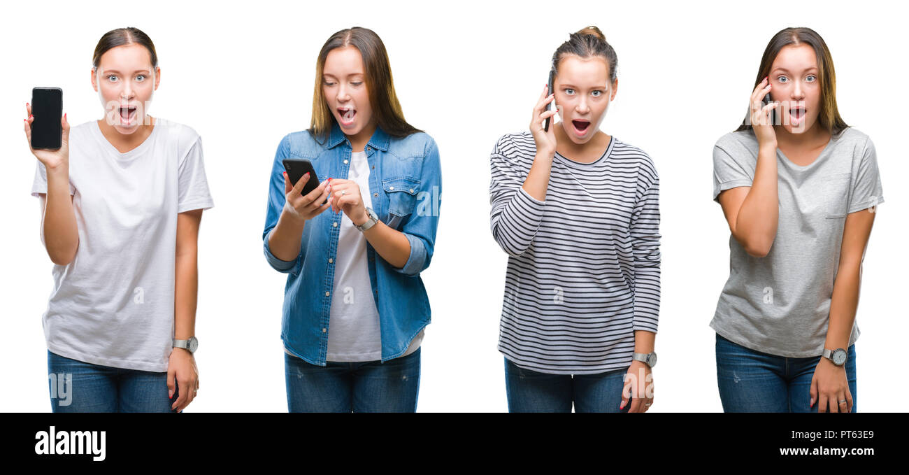 Collage of young girl using smartphone over white isolated background ...