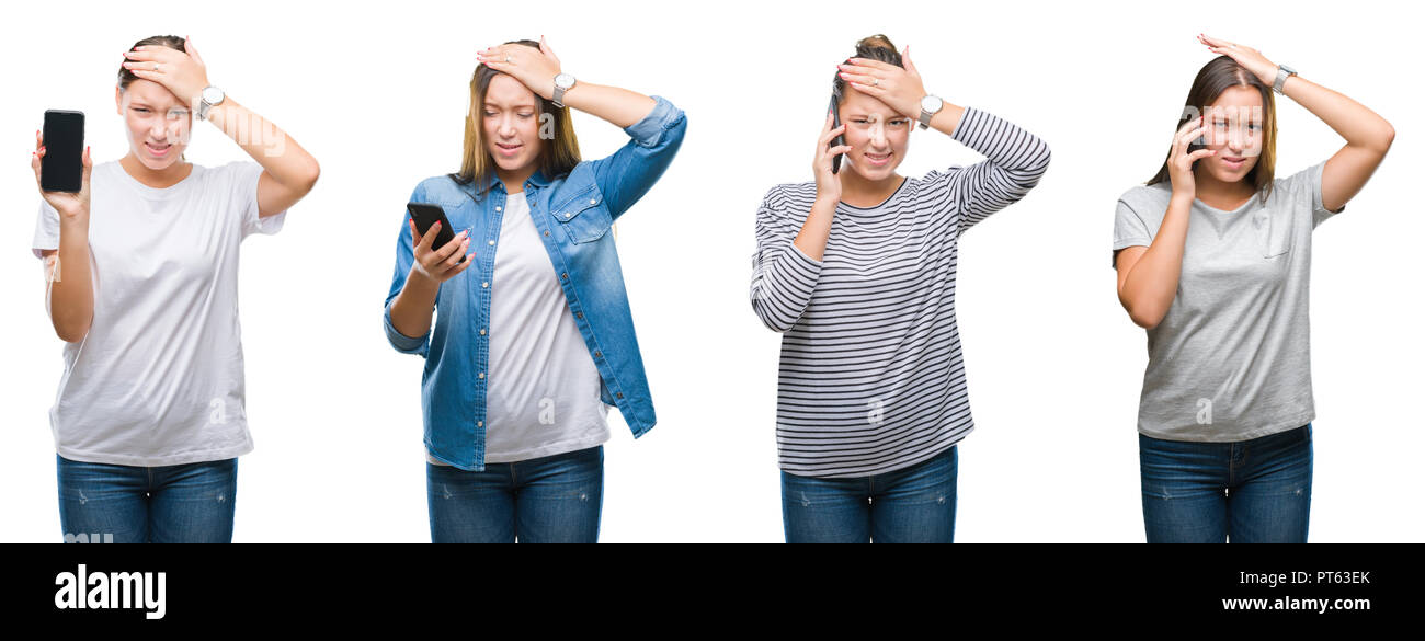 Collage of young girl using smartphone over white isolated background ...