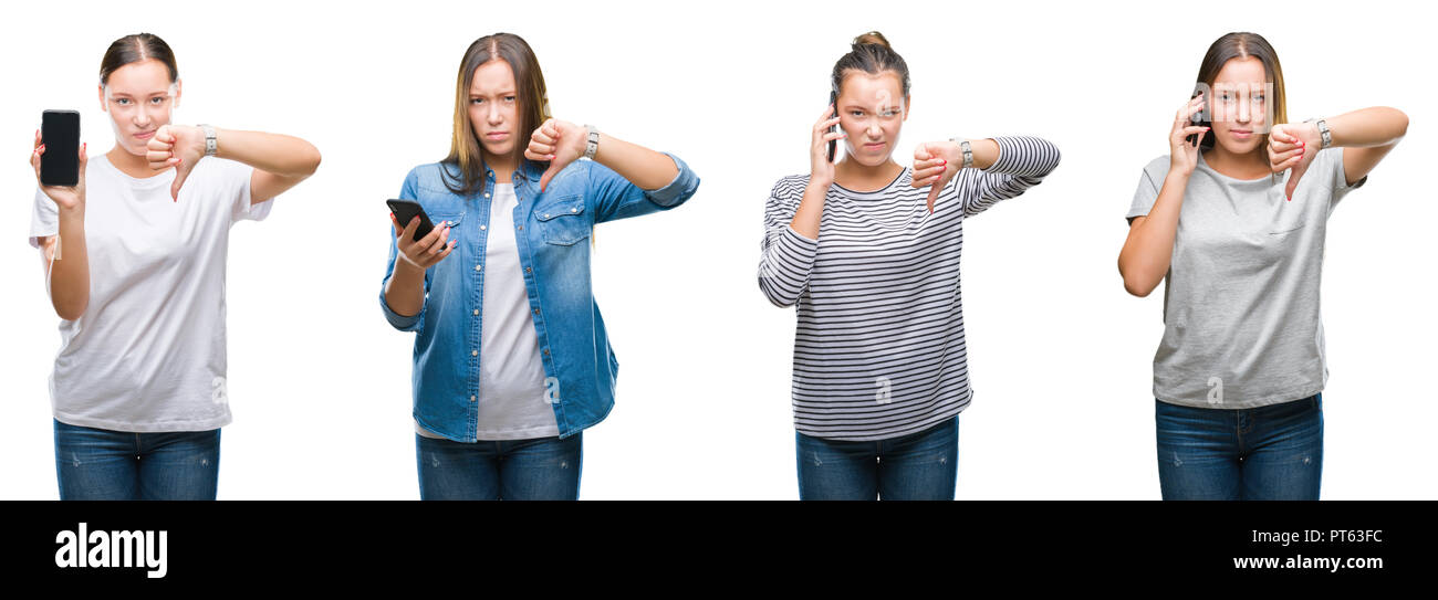 Collage of young girl using smartphone over white isolated background ...