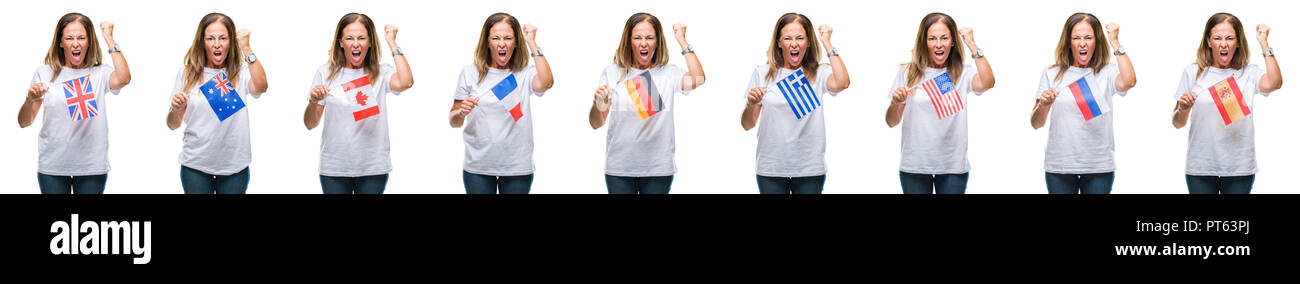 Collage of middle age mature woman holding flags of different countries ...