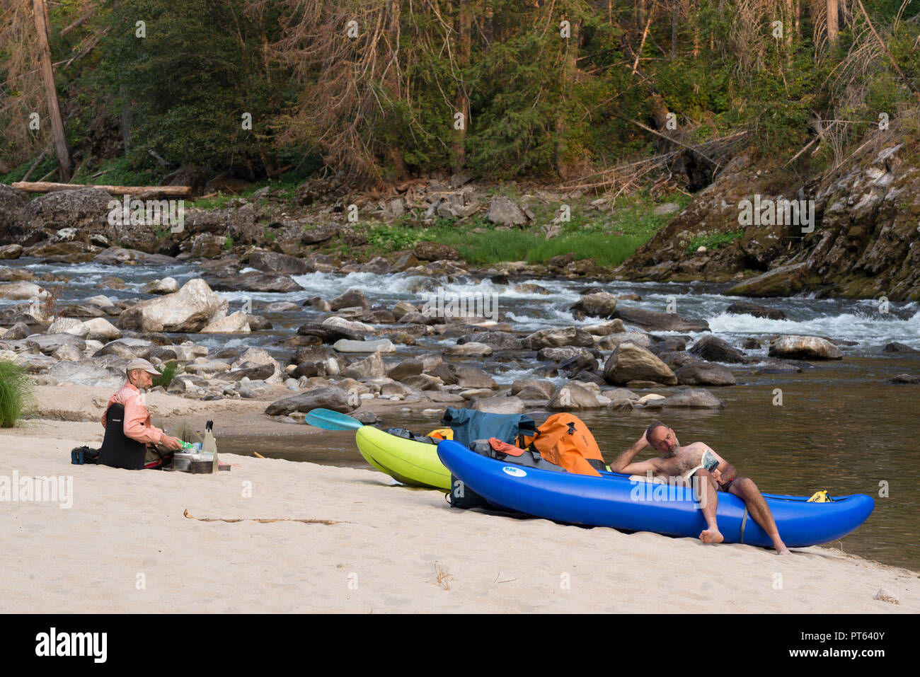 River runners camping on a beach along the Selway River in Idaho Stock ...
