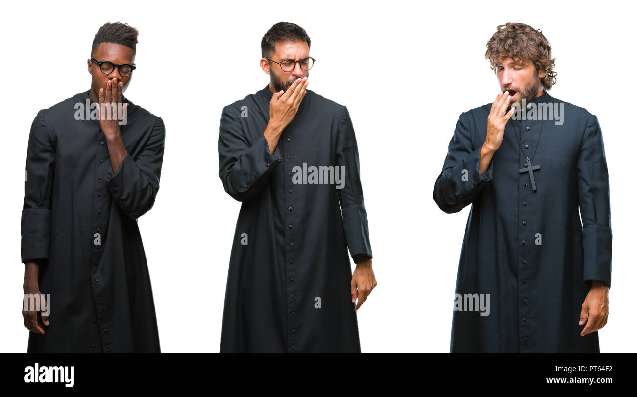 Collage of christian priest men over isolated background bored yawning ...