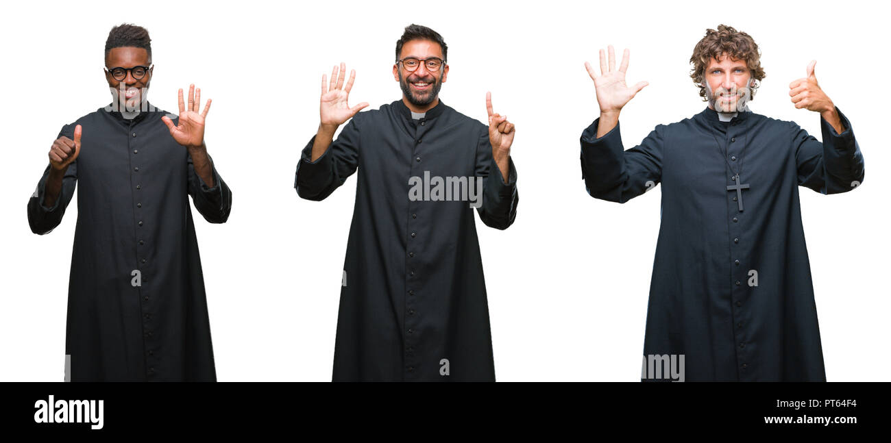 Collage of christian priest men over isolated background showing and ...