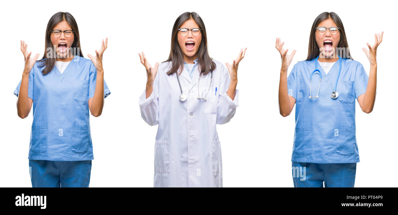 Collage of asian young surgeon doctor or nurse woman standing over ...