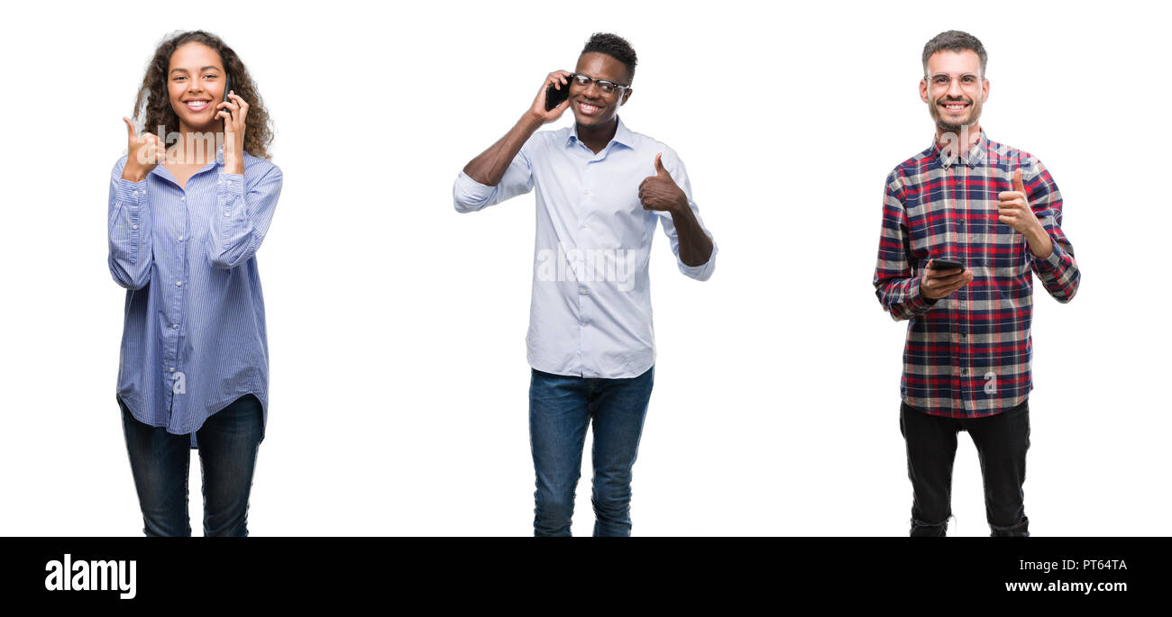 Collage of young people talking and texting using smartphone over ...