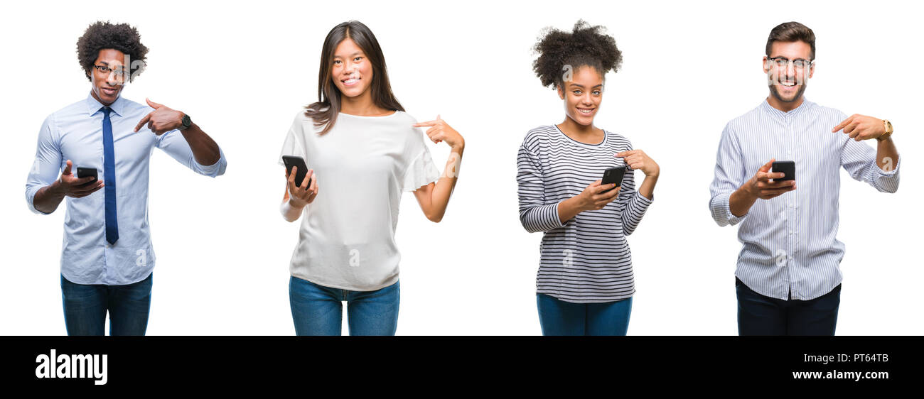 Collage of people texting sending message using smartphone over ...