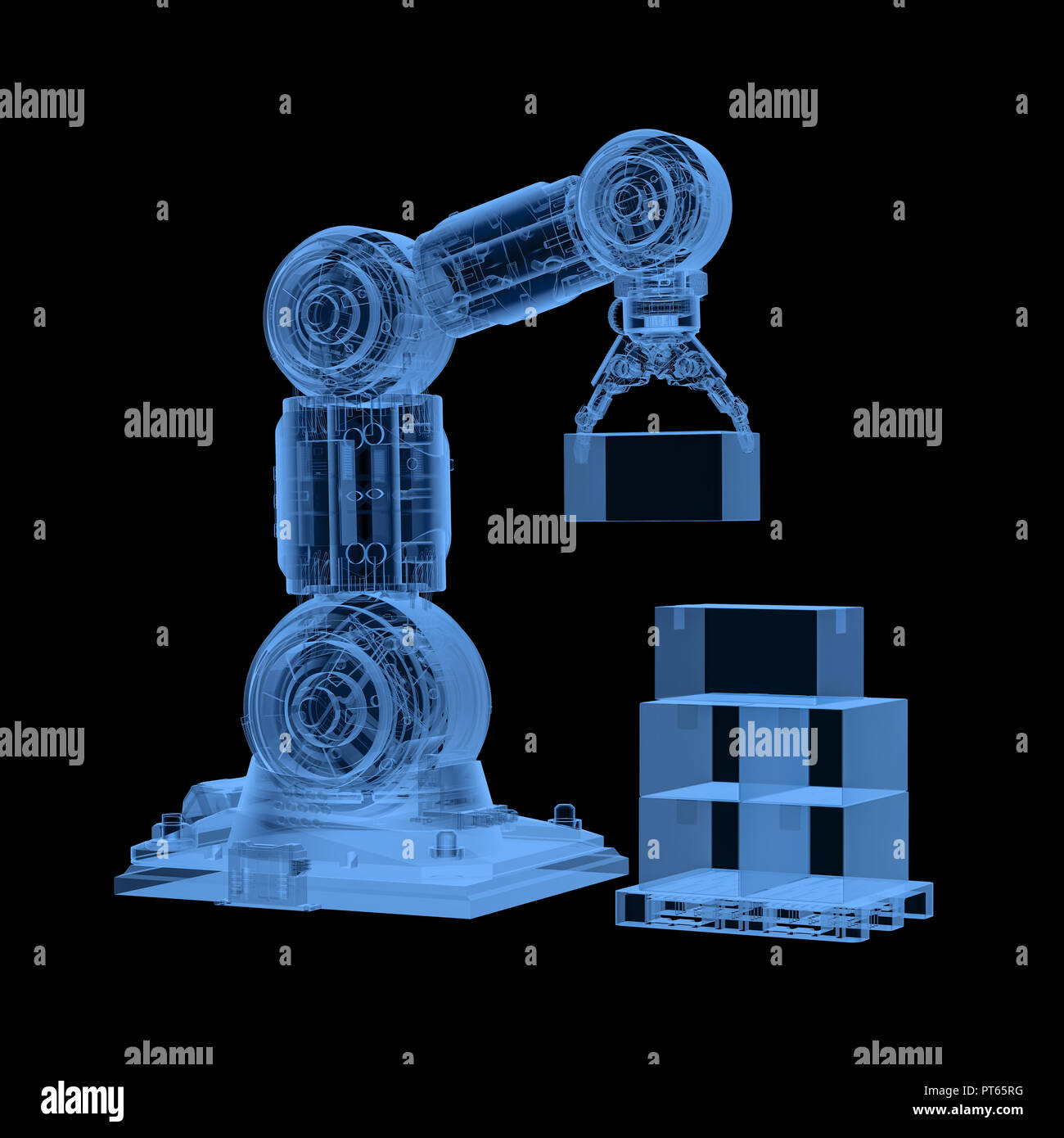3d rendering x-ray robotic arm with cardboard boxes on black background ...