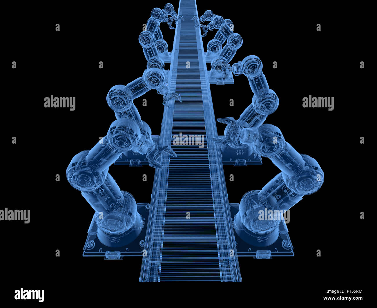 3d rendering x-ray robot assembly line with conveyor belt on black ...