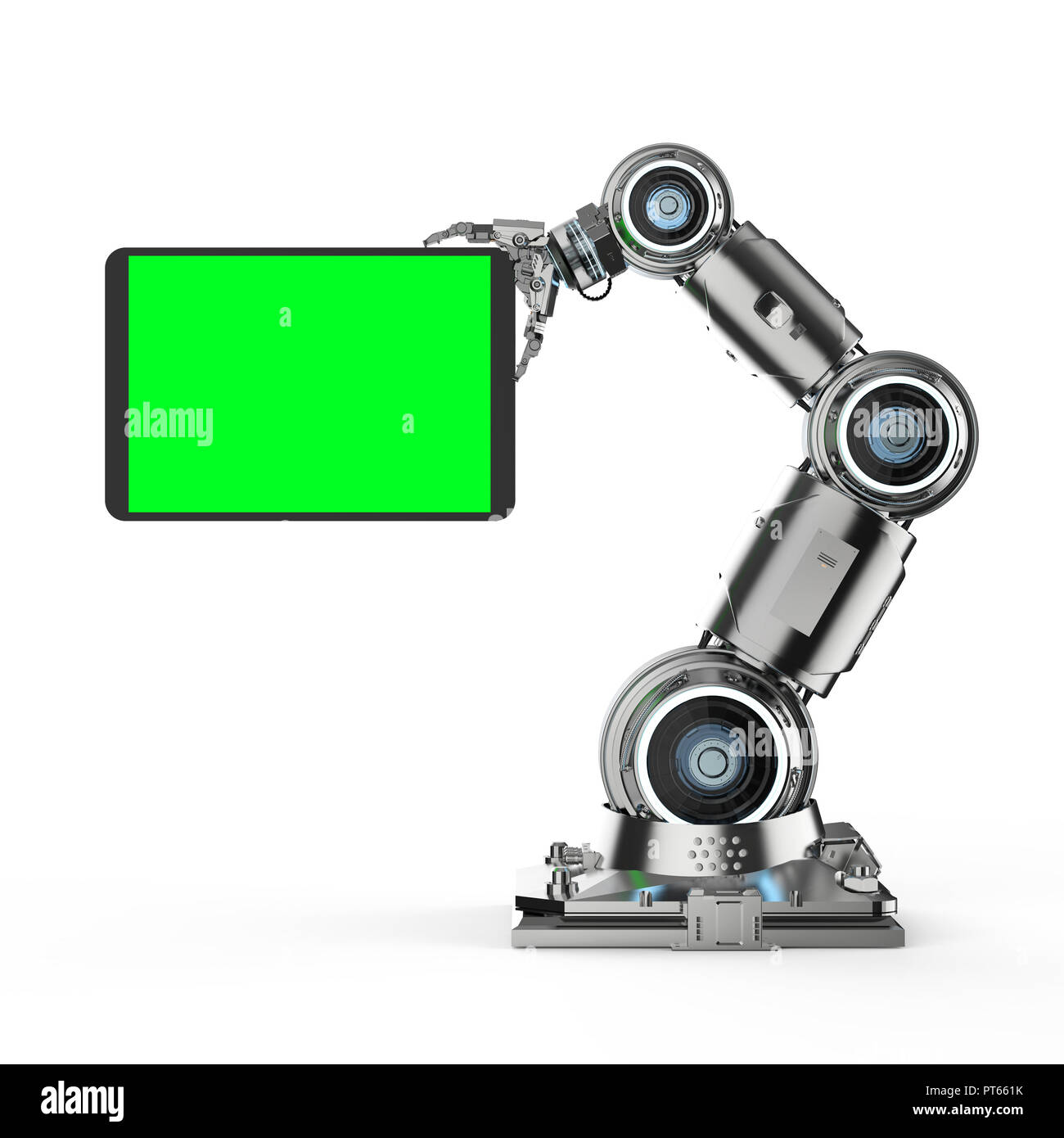 3d rendering robotic hand holding green screen tablet on white ...