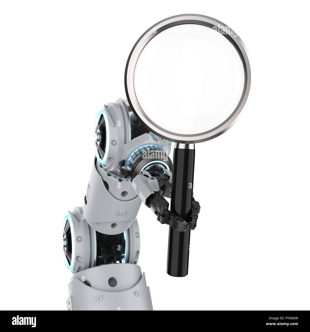 3d rendering robot arm with magnifying glass isolated on white Stock ...