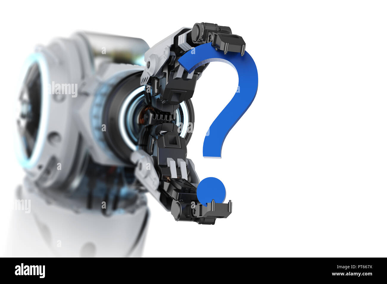 3d rendering robot arm with blue question mark on white background ...