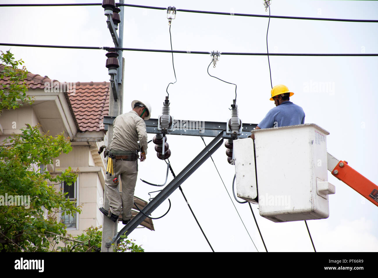 Electrician worker of Metropolitan Electricity Authority working repair ...