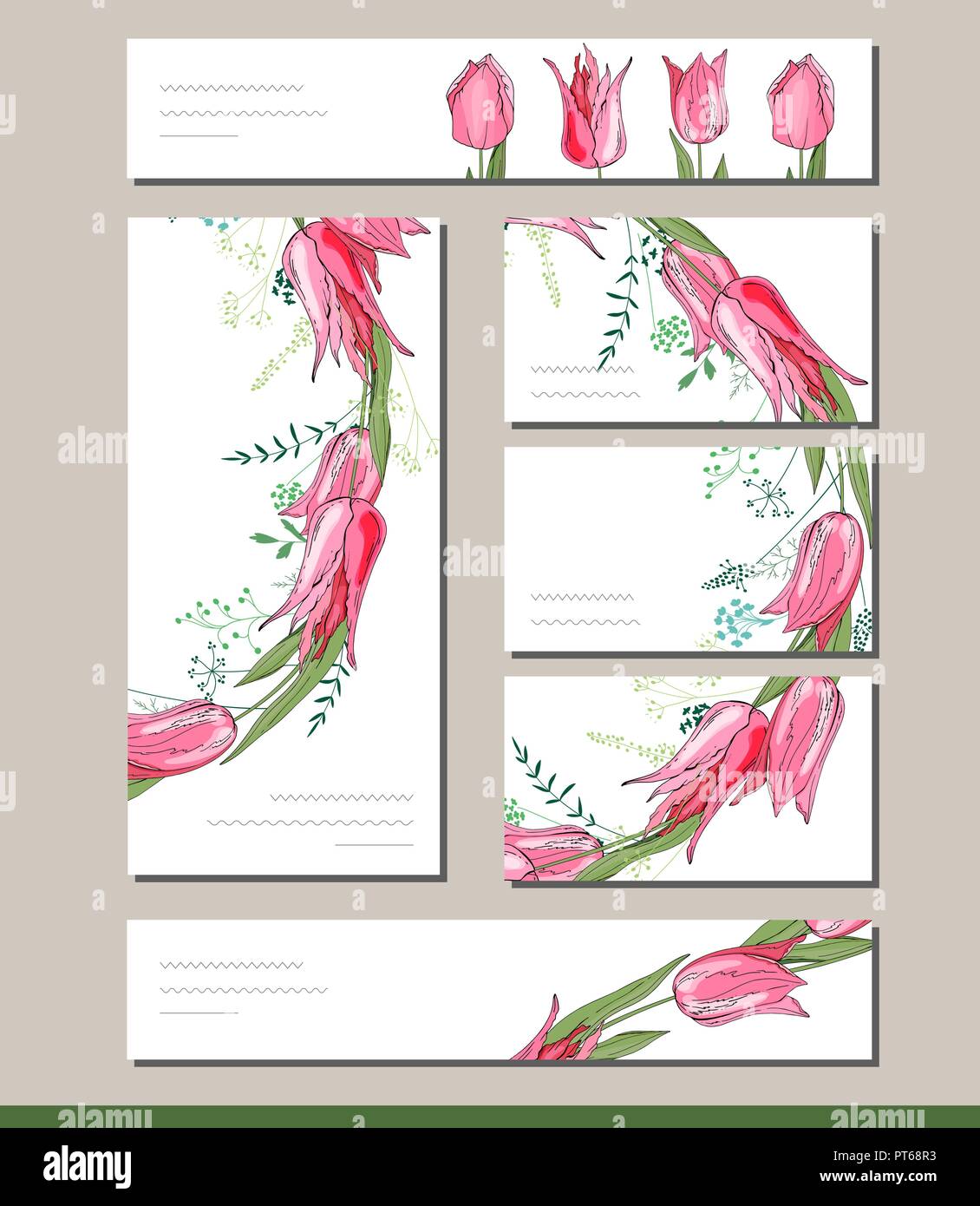Floral spring templates with cute bunches of red tulips. For romantic ...
