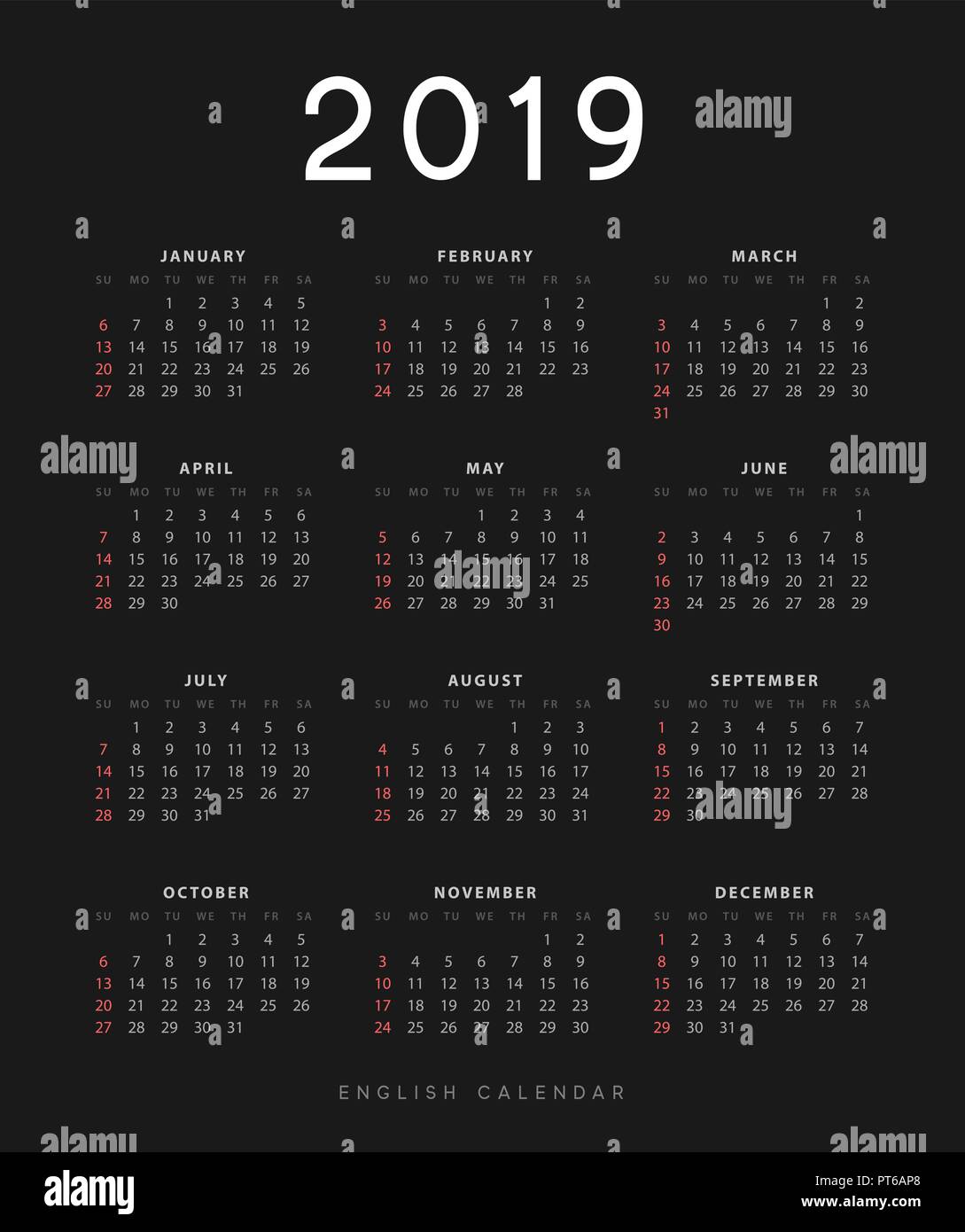 Simple english calendar for 2019 years, Week starts from Sunday. Design ...