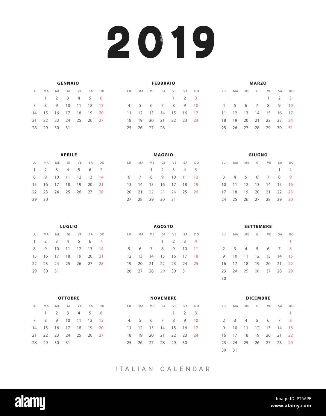 Simple Italian calendar for 2019 years,week starts on Monday Stock ...