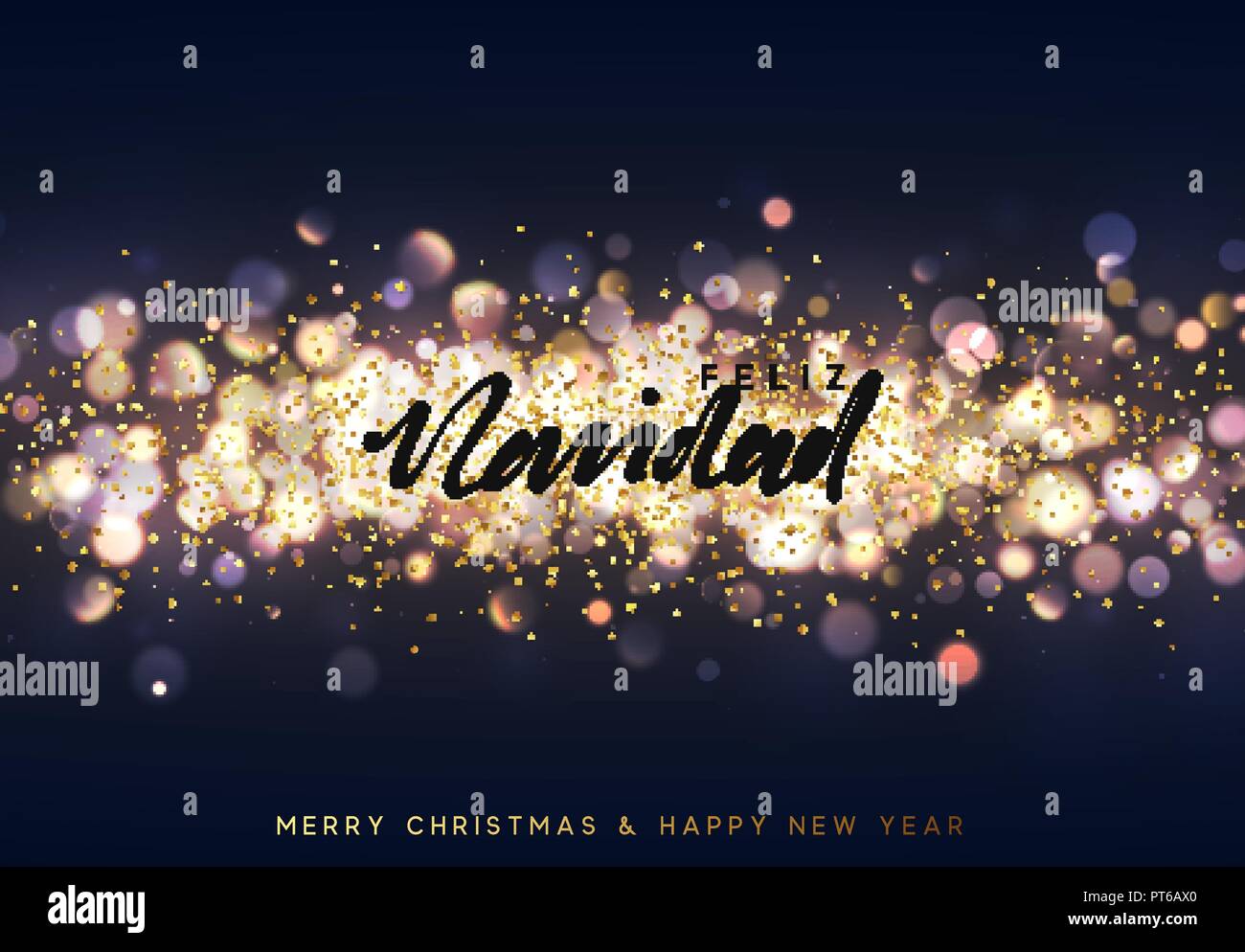 Spanish Feliz Navidad. Christmas background with golden lights bokeh ...