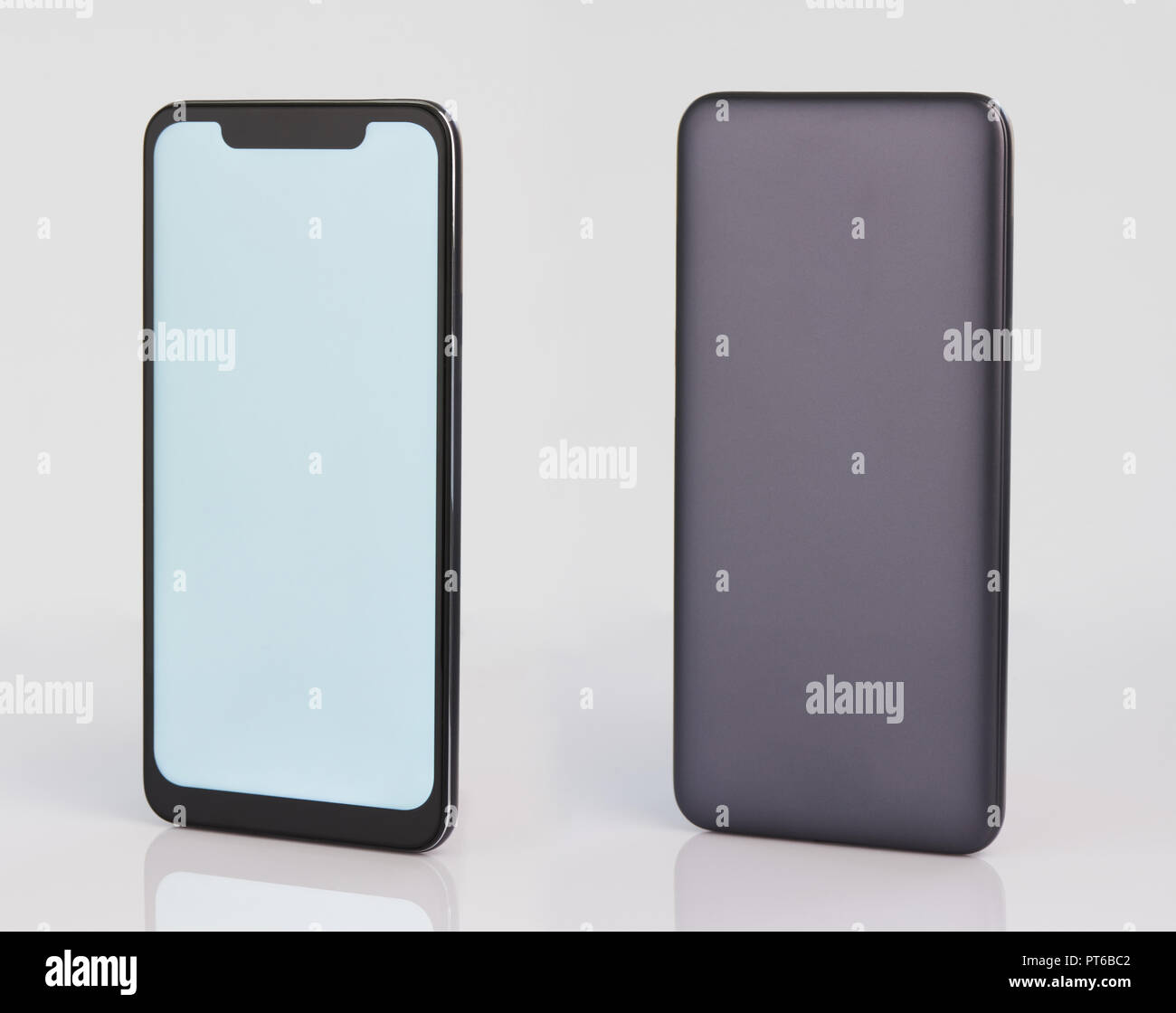 Front and back view of smartphone with notch isolated on white ...