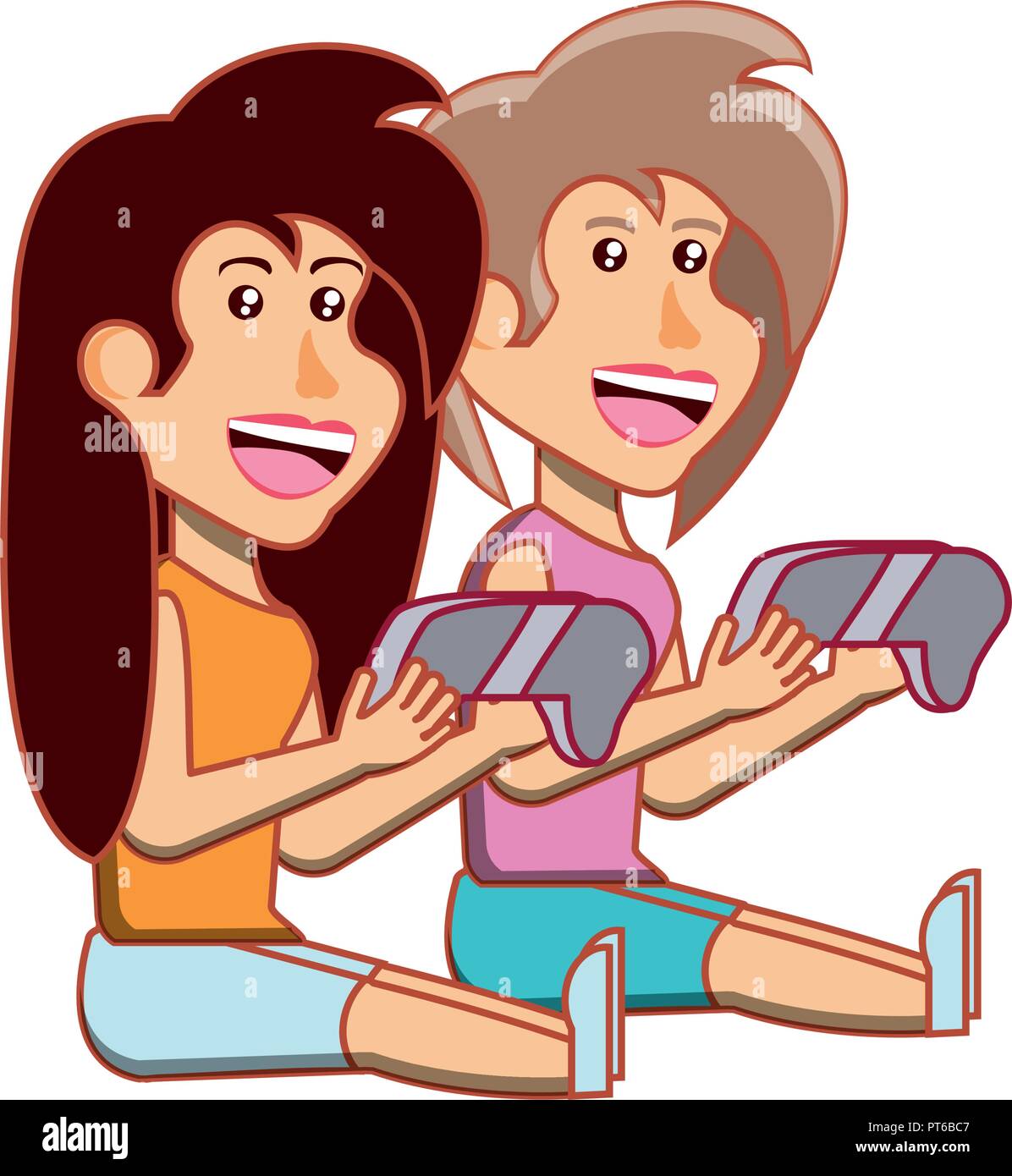 girls sitting with game control character vector illustration design ...