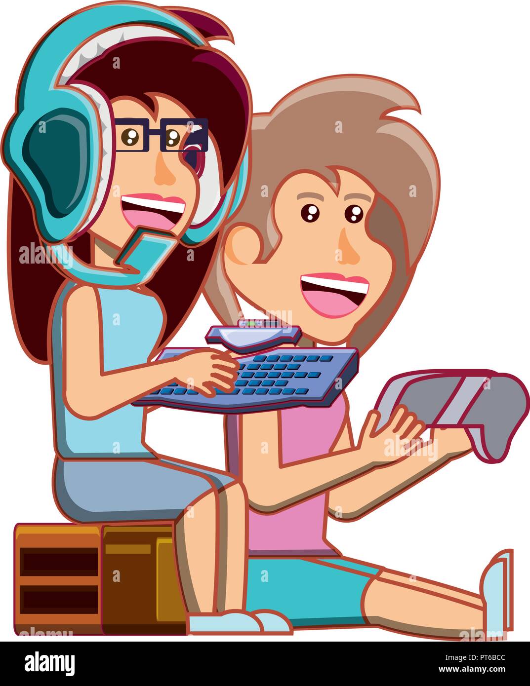 girls sitting playing video game vector illustration design Stock ...