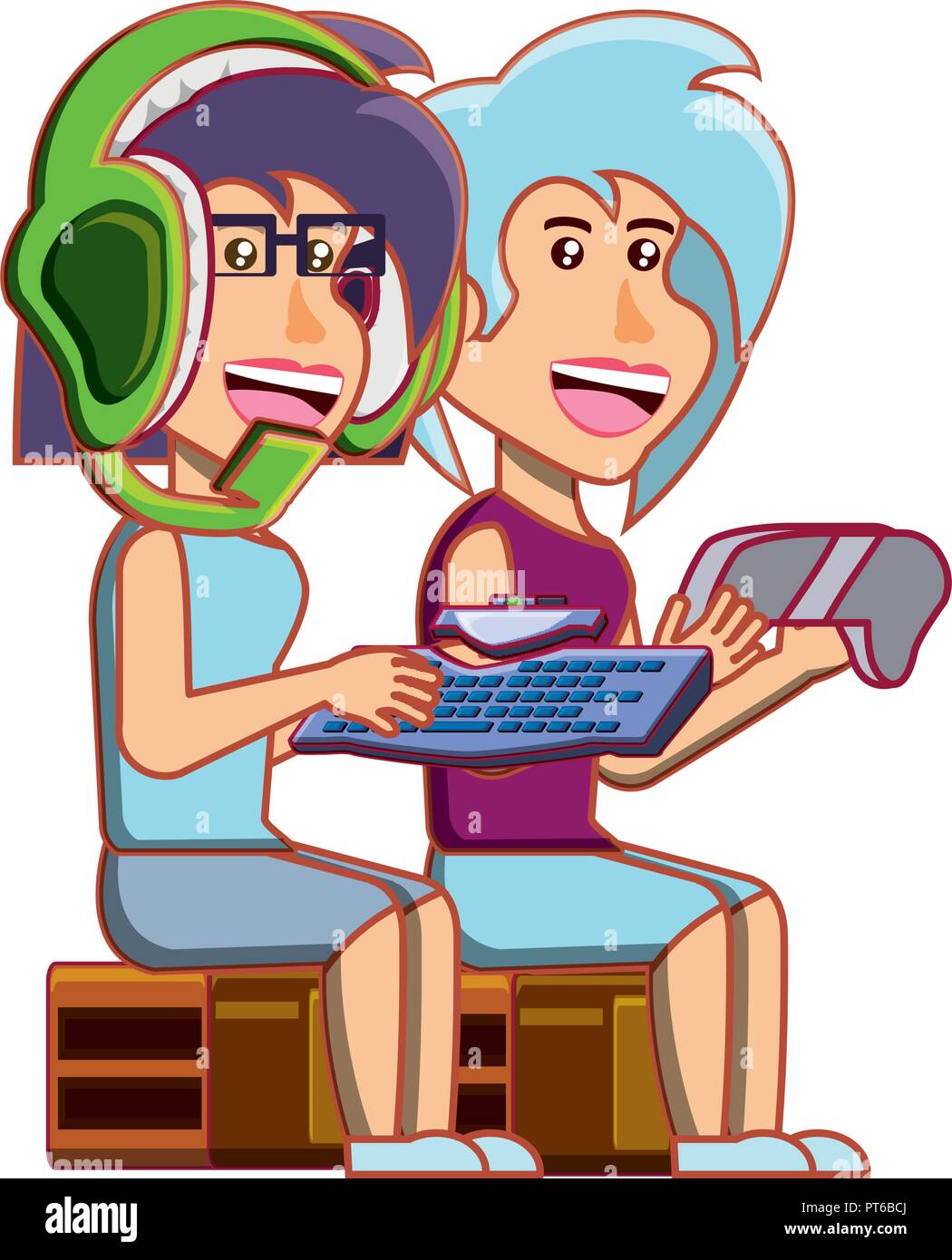 girls sitting playing video game vector illustration design Stock ...