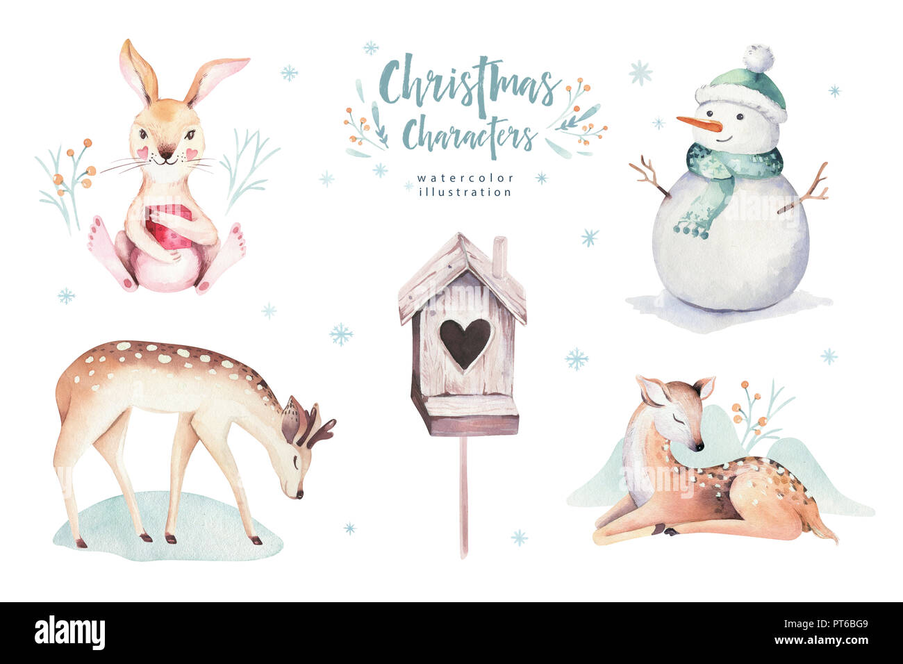 Watercolor Merry Christmas illustration with snowman, holiday animals ...