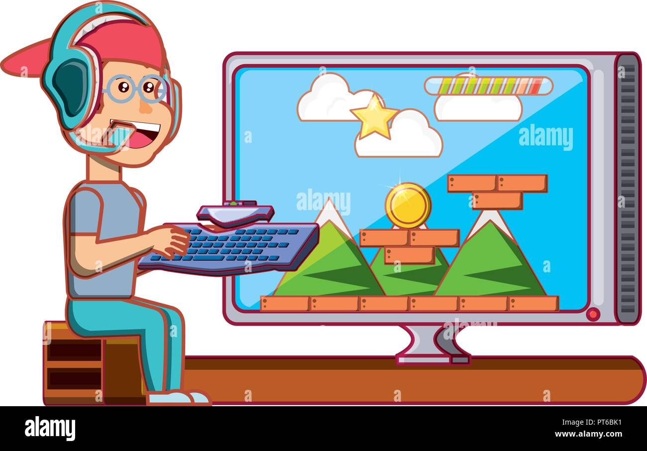 boy playing video game avatar character vector illustration design ...