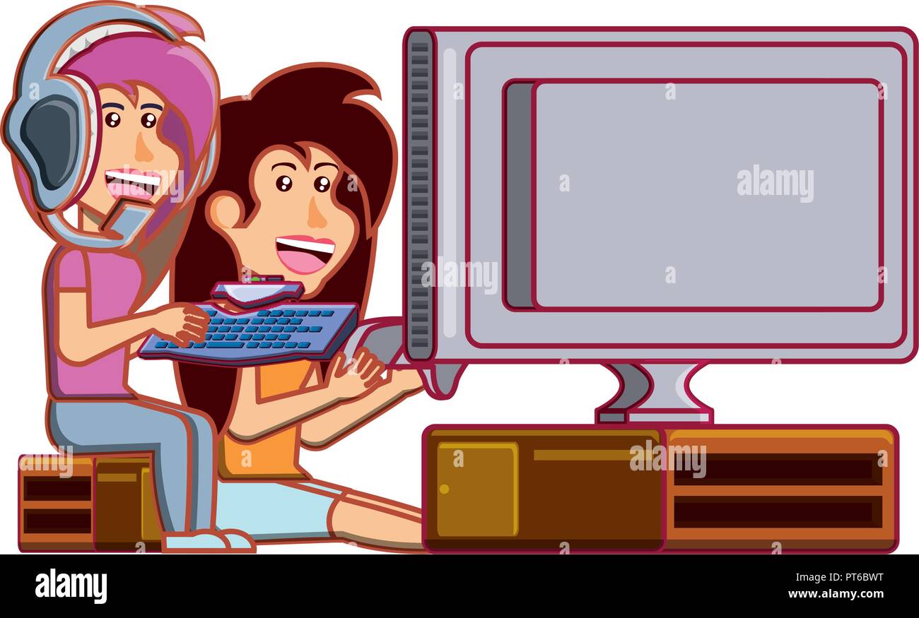 girls playing video game avatar character vector illustration design ...