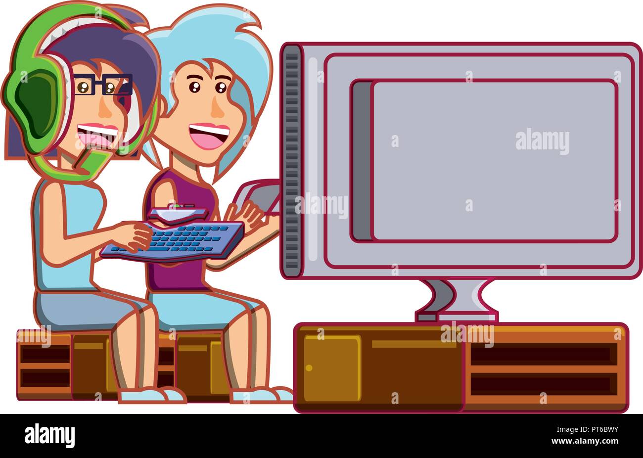 girls playing video game avatar character vector illustration design ...