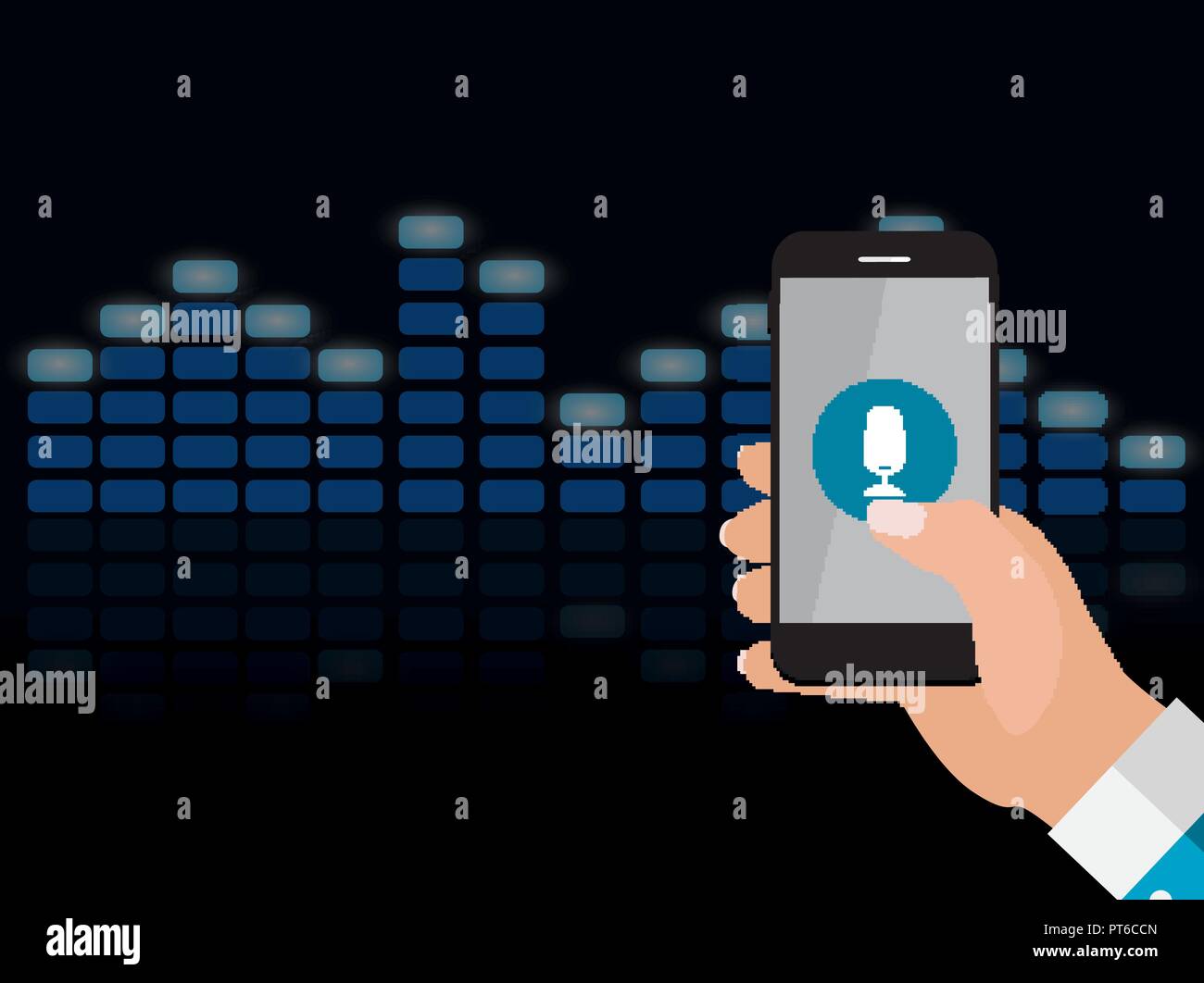 Hand with mobile phone with microphone button and intelligent ...