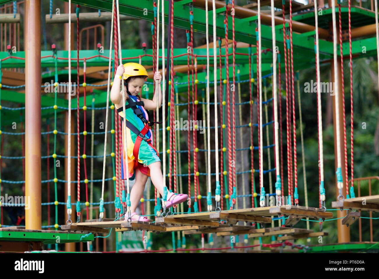 Child in forest adventure park. Kids climb on high rope trail. Agility ...