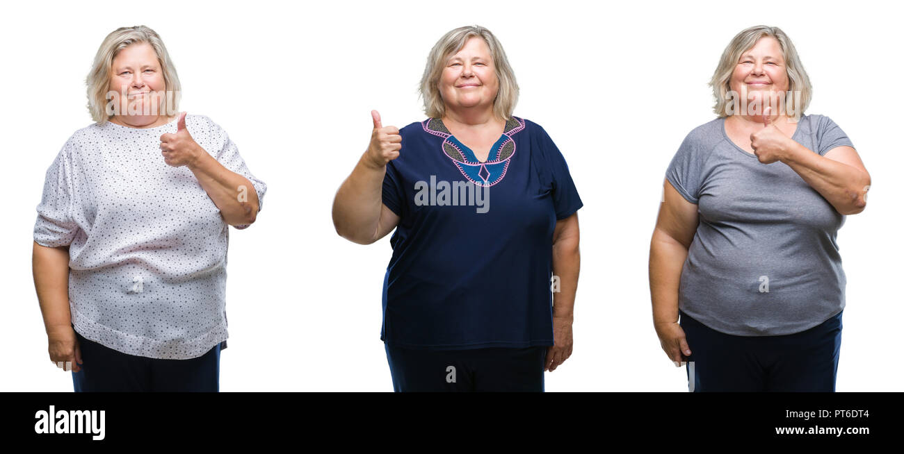 Collage of senior fat woman over isolated background doing happy thumbs ...