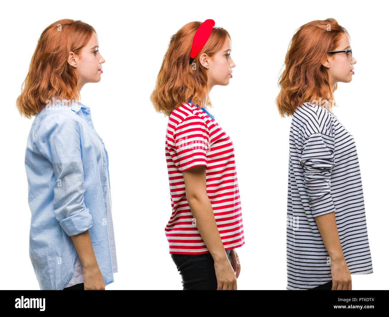Collage of young beautiful redhead woman over isolated background ...