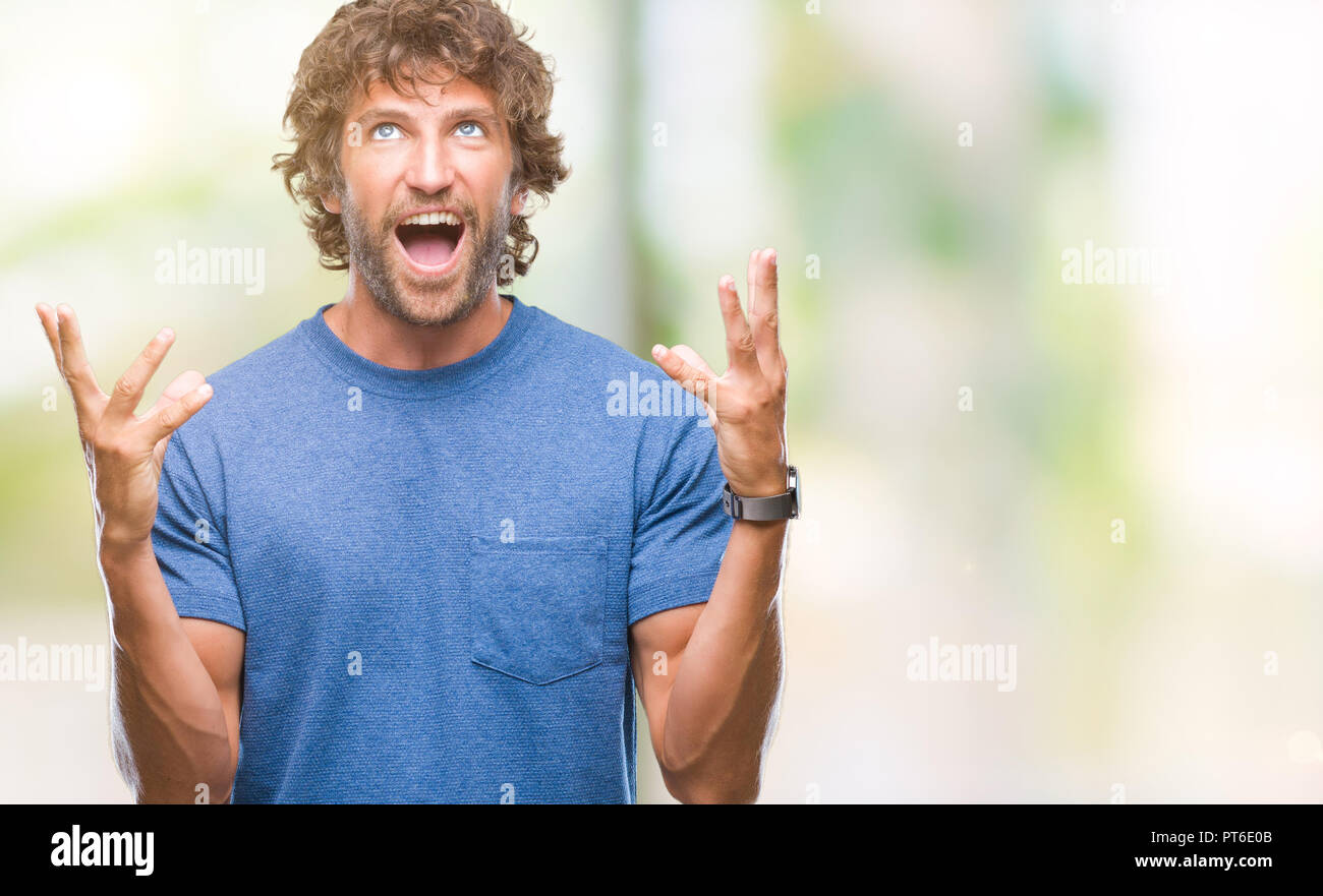 Handsome hispanic model man over isolated background crazy and mad ...