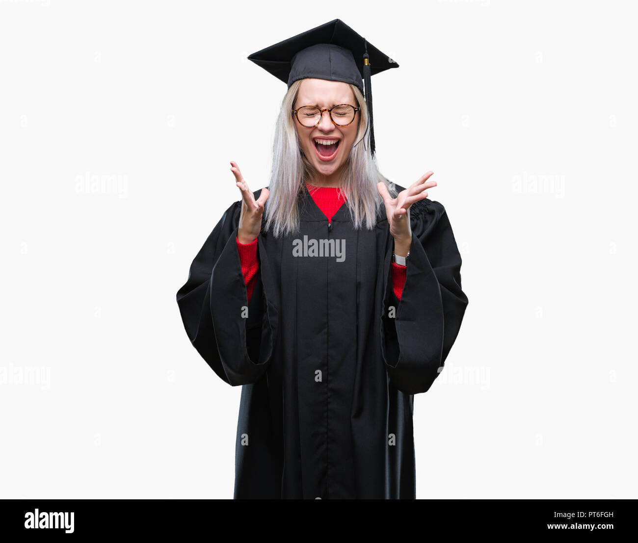 Young blonde woman wearing graduate uniform over isolated background ...