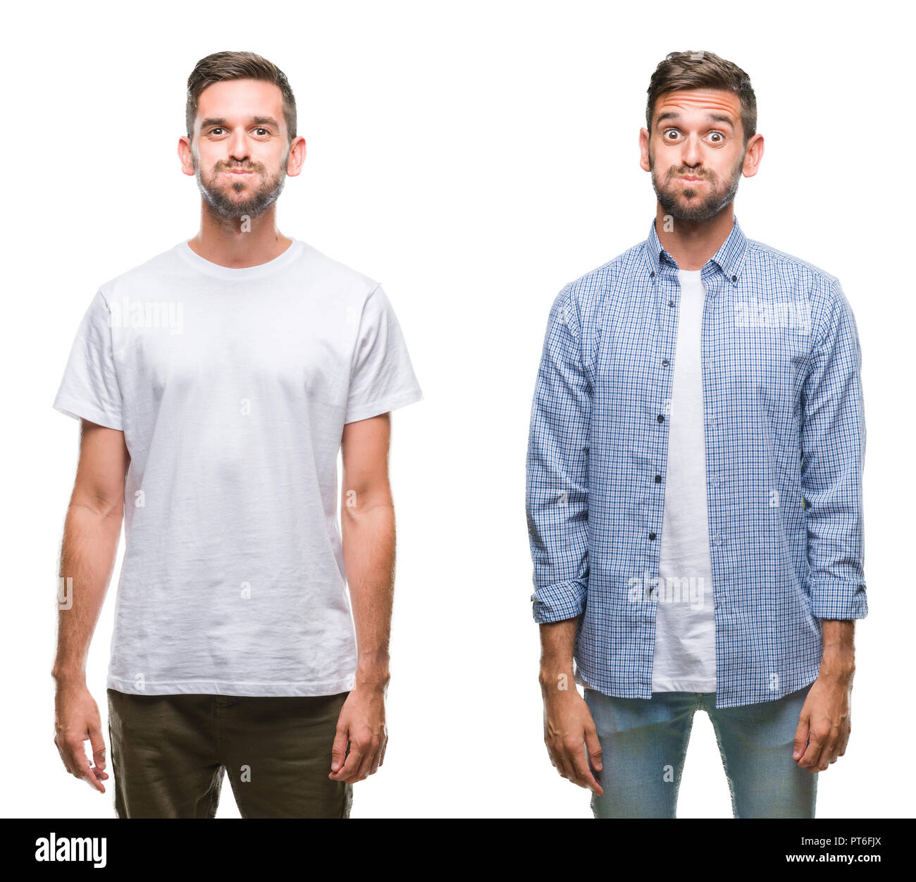 Collage of young man wearing casual look over white isolated backgroud ...