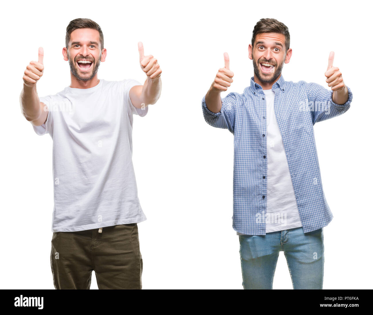 Collage of young man wearing casual look over white isolated backgroud ...